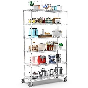 6 Tier NSF Wire Shelf Shelving Unit, 20 x 48 x 84.5 Inch 6000lbs Capacity Heavy Duty Adjustable Storage Metal Rack with Wheels/Leveling Feet&Shelf Liners, Ideal for Garage, Kitchen, and More - Chrome