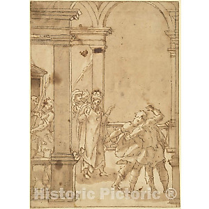 Art Print : Cesare Nebbia, Two Figures Struggling Before a King, c.1568, Historic Wall Décor : 24in x 32in