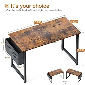 ODK Computer Desk, 40 Inch Small Study Desk, Office Desk with Storage, Work Table with Headphone Hook for Small Space Home Office, Rustic Brown