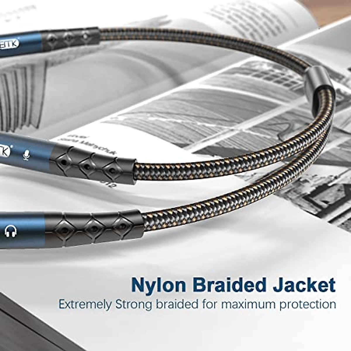 EMK Headphone Splitter 3.5mm TRRS Stereo Audio Y Splitter Extension Cable Nylon-Braided 4-Pole Male to 2Female Dual Headphone Jack Adapter for Phone, PS4, Switch, Tablet, Laptop (12inch/30cm)