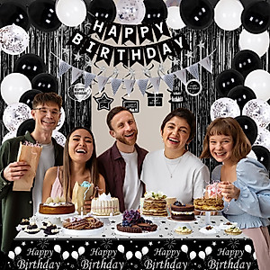 Birthday Decorations Black and White for Men Women, 74Pcs Happy Birthday Balloons Set for Boys Girls with Bday Tablecloth Fringe Curtains Swirls for 16th 18th 21st 30th 35th 40th 45th 50th 60th 70th