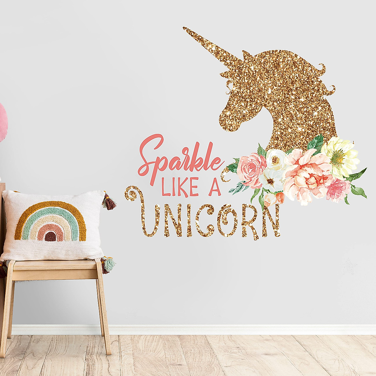Sparkle Gold Unicorn Wall Decor - Flower Wall Decals - Unicorn Gifts for Girls Bedroom - Unicorn Sticker Wall Decals - Baby Nursery Decor Wall Art Vinyl Removable KA1649 (20"W x 18"H (50x45cm))