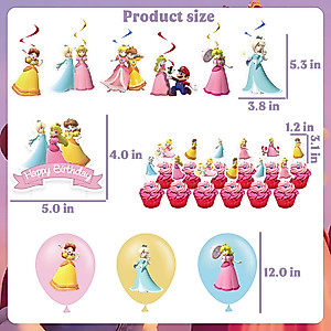 Mario Princess Peach Party Decorations, Mario Princess Peach Birthday Party Supplies Include Banner, Balloons, Hanging Swirls, Backdrops, Cake Toppers, Tablecloth, Mario Princess Peach Party Favors