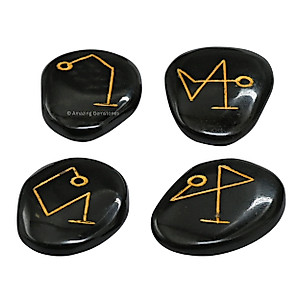 Archangel Stones Set of 4 - Michael, Gabriel, Raphael, Uriel Signature Symbol for Talisman Protection - Black Agate Healing Crystals and Healing Stones