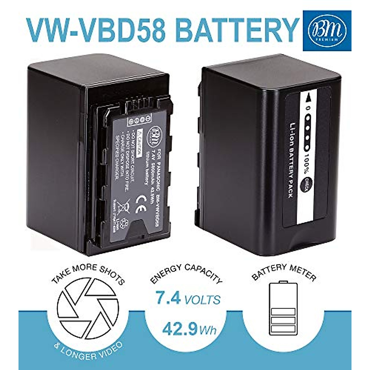 BM Premium 2 VW-VBD58 Batteries and Dual Bay Charger for Panasonic AG-VBR59, BGH1, HC-X1, HC-X1500, HC-X2000, AG-CX10, AG-CX350, AG-UX180, AG-AC30, AG-UX90, AG-DVX200, HC-MDH3E, AJ-PX270, AJ-PX230