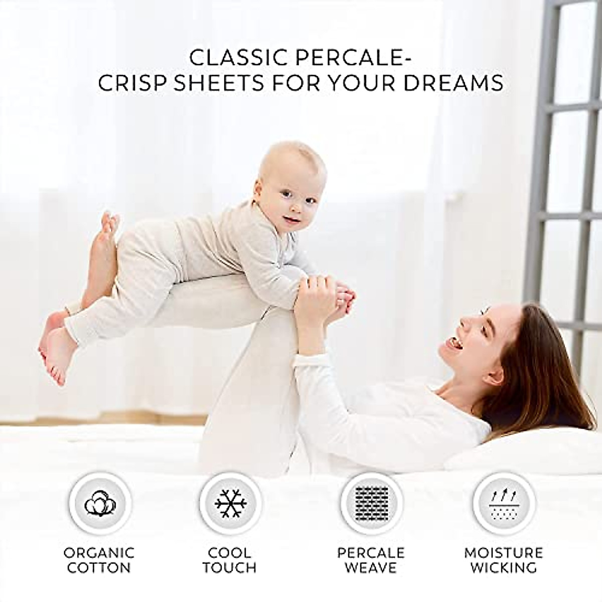 SUPREME ELEGANCE Organic 100% Cotton Percale Twin XL Sheets Set Snow, 14" Deep Pocket TwinXL Cotton Sheets, Back to School College Essentials, Breathable & Cooling Sheets for Hot Sleepers - White