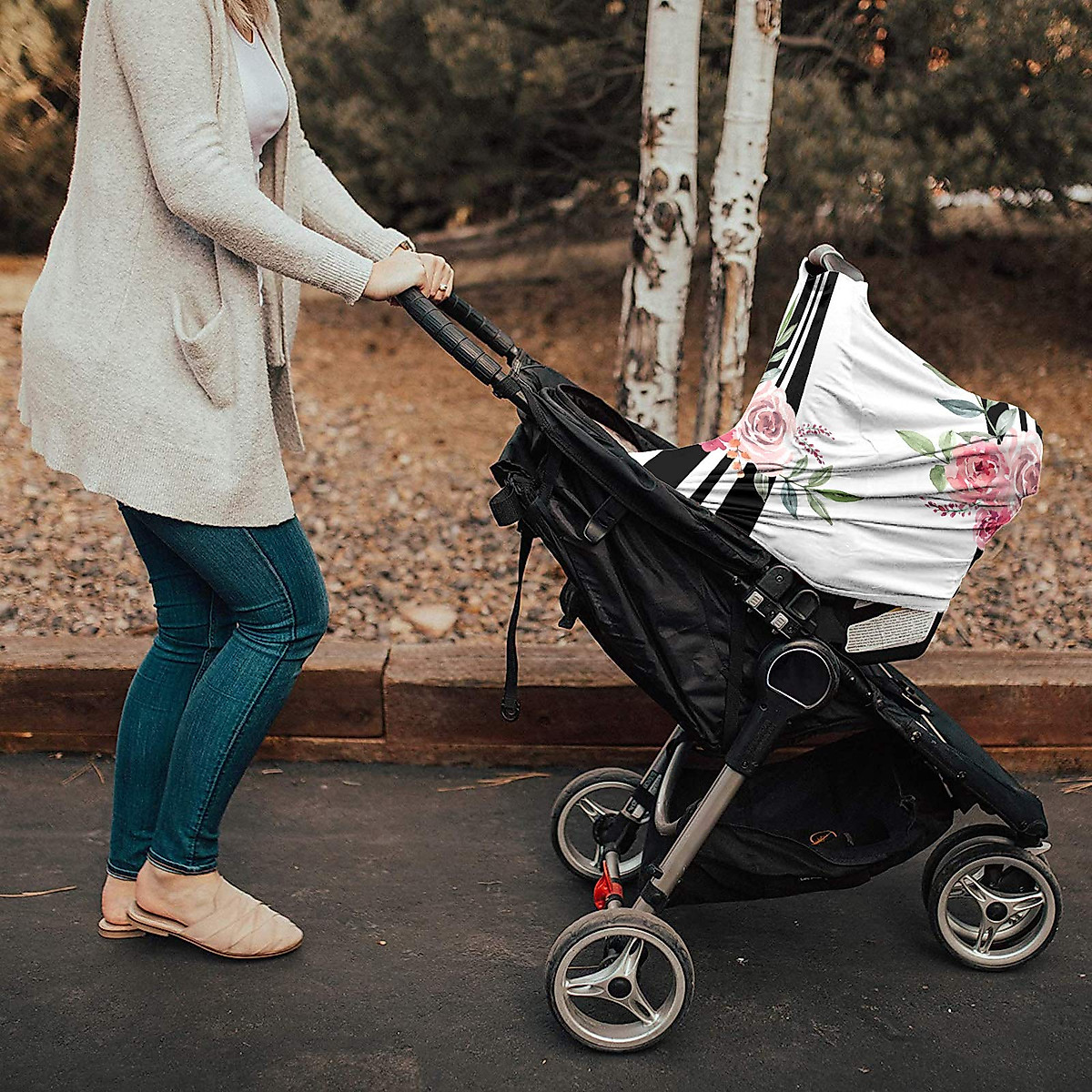 Baby Nursing Cover Carseat Canopy Spring Watercolor Blossom Pink Flowers Breathable Privacy Breastfeeding Scarf White and Black Stripe Multi Use Car Seat Covers for Boys or Girls