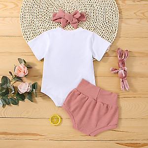 Fernvia Infant Baby Girls Easter Outfits Short Sleeve Rabbit Print Romper Elastic Waist Shorts with Hairband 3Pcs Clothes Set (A Pink, 6-12 Months)