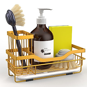 Sponge Holder Kitchen Sink Caddy Organizer, Sponge Holder for Kitchen Sink with Brush Storage, 304 Stainless Steel Black Dish Soap Holder Rack with Removable Drain Tray - Not Included Dispenser, Brush