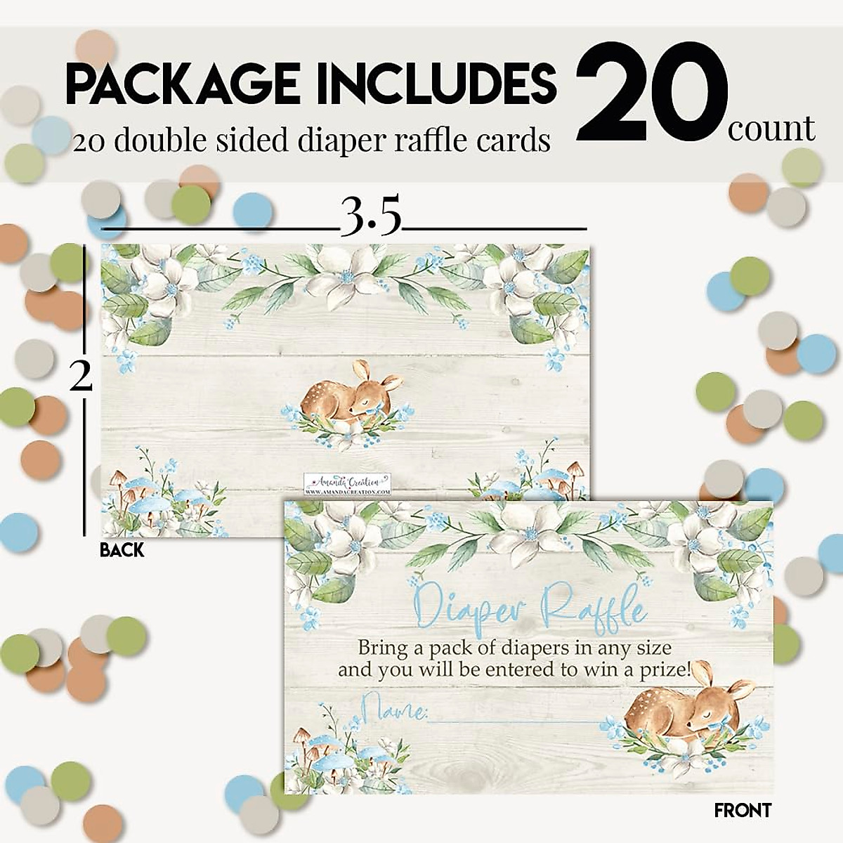 Little Deer Woodland Themed Diaper Raffle Tickets for Boy Baby Showers, 20 2" X 3” Double Sided Insert Cards for Games by AmandaCreation, Bring a Pack of Diapers to Win Favors & Prizes!