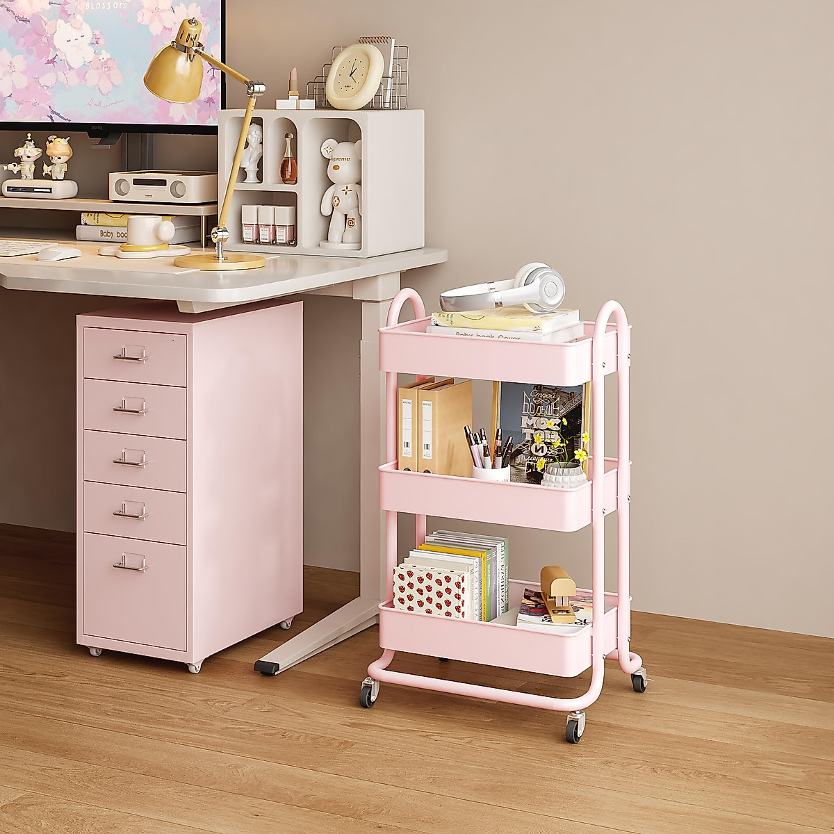 MIOCASA 3-Tier Metal Utility Rolling Cart, Heavy Duty Multifunction Cart with Lockable Casters, Easy to Assemble, Suitable for Office, Bathroom, Kitchen, Garden (Pink)