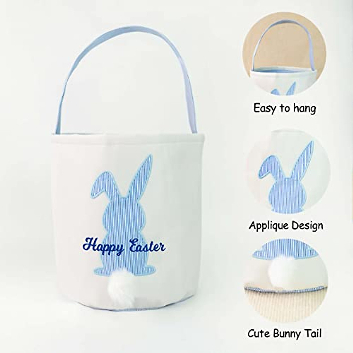 Easter Baskets with Bunny Tail for Kids, Applique Stripe Bunny Easter Bucket for Child, Embroidered Easter Hunt Bag, Blue Stripe Easter Basket, Girls Boys Easter Gifts.