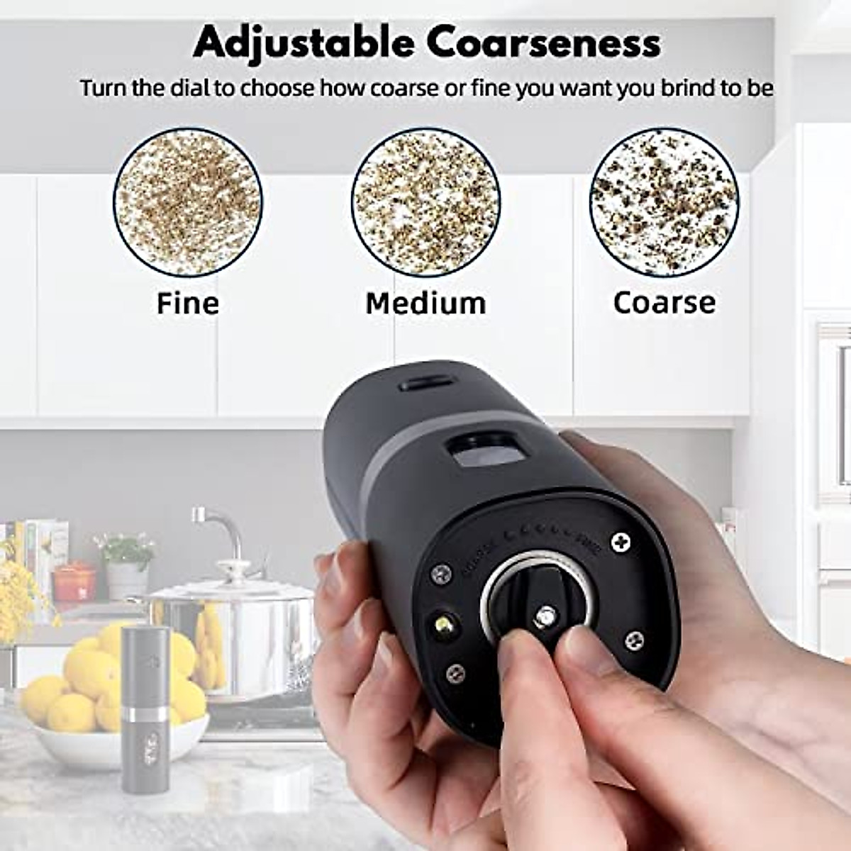Electric Pepper Grinder, Battery Operated Salt Grinder, Automatic Pepper Mill with LED Light, One-hand Button Control, Adjustable Coarseness, Black Peppercorn Grinder Refillable, Battery Not Included