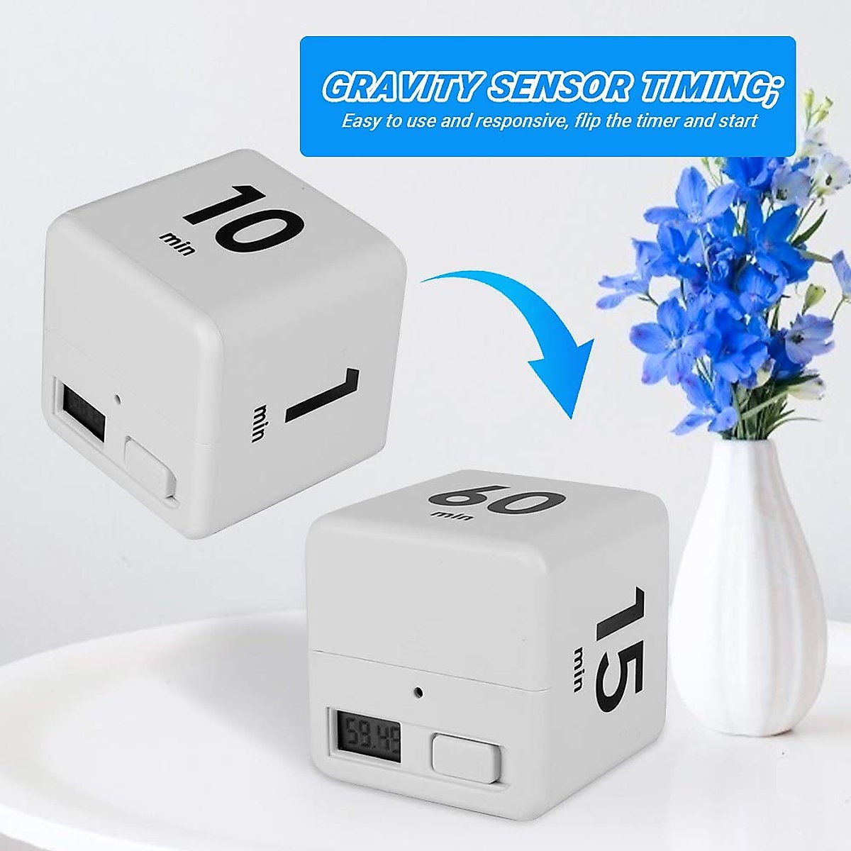welltop Cube Timer, 2 Pack Kitchen Timer with 4 LED Light Alarm Kids Child Exercise Workout Gravity Sensor Flip Timer for Time Management and Countdown Settings (White - 1 3 5 10 and 15 20 30 60 min)