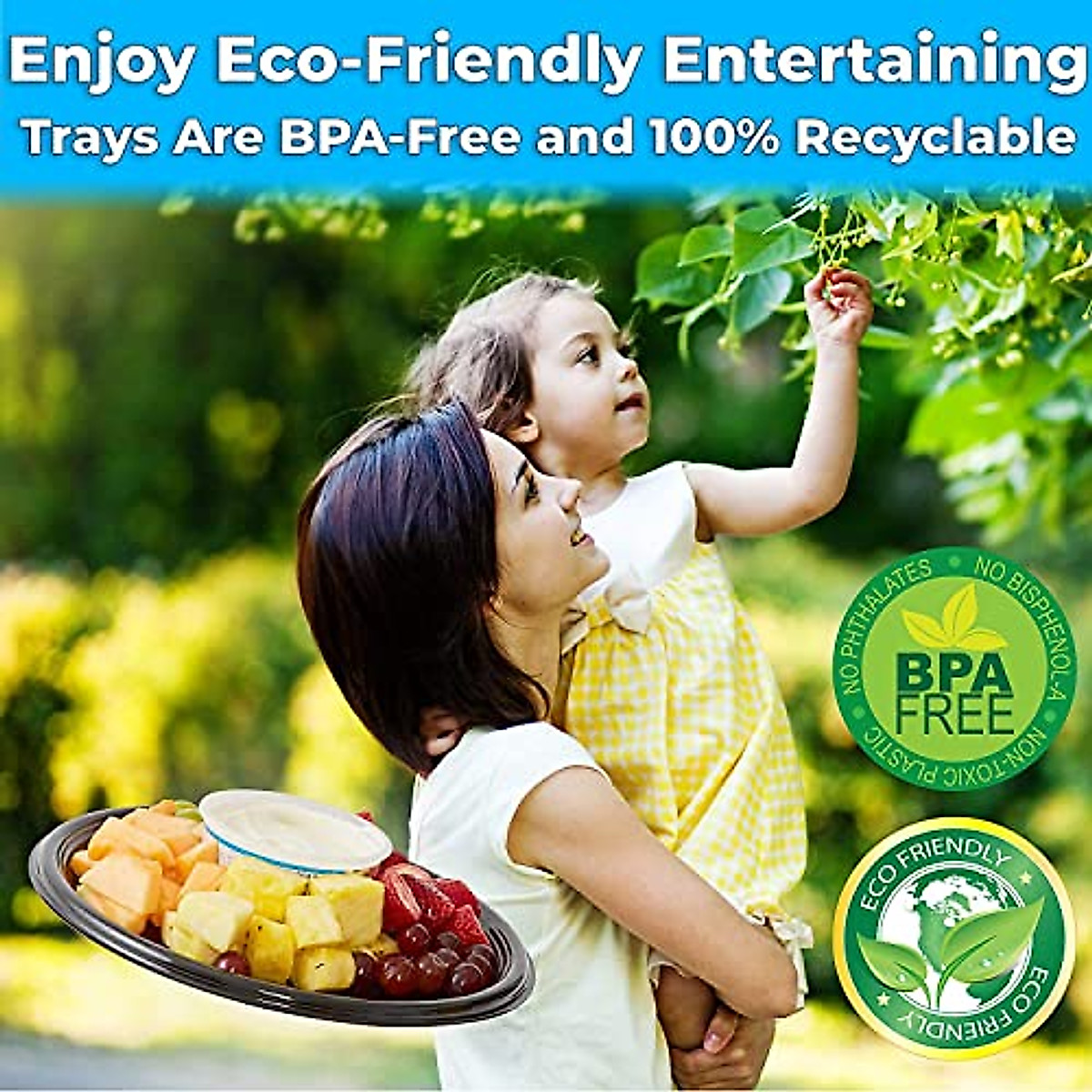 Avant Grub Heavy Duty, Recyclable 12 in. Serving Tray and Lid 5pk. Large, Black Plastic Party Platters with Clear Lids Dishware Plate, Elegant Round Banquet or Catering Trays for Serving