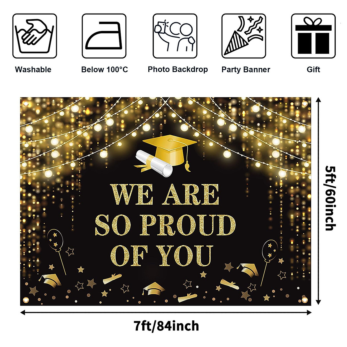 Avezano Graduation Party Backdrop Blak and Gold Graduation Party Decorations Proud of You Congrats Grad 2023 Photoshoot Background Banner Supplies (7x5ft)