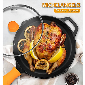 MICHELANGELO Cast Iron Skillet, 12 Inch Cast Iron Skillet With Lid, Preseasoned Large Skillet Oven Safe, Iron Skillets for Cooking with Silicone Handle & Scrapers - 12 Inch