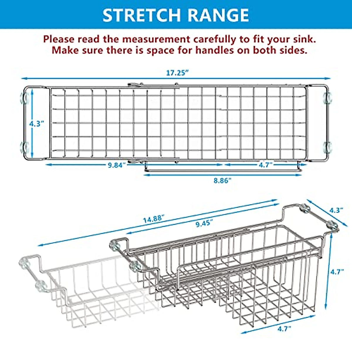 FixOwl Over The Kitchen Sink Caddy Kitchen Sink Organizer Sponge Holder 304 Stainless Steel Expandable Over Sink Rack 12.25" to 17.25"