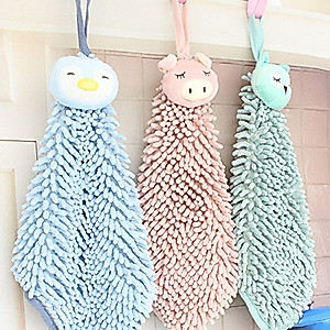WINGOFFLY 3pcs Absorbent Hand Towel Set Chenille Microfiber Soft Kitcken Wash Towel with Rope Hanging, Pig + Owl + Penguin