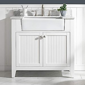 Luca Kitchen & Bath LC36VWW Balboa 36” Single Bathroom Vanity Set in Pure White with Carrara Marble Countertop and Farmhouse Sink
