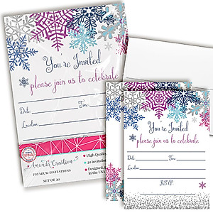 Winter Snowflake Birthday Party Invitations, set of 20 5x7 Fill In Cards with Twenty White Envelopes by AmandaCreation