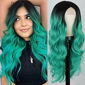 Lativ Long Wavy Wig for Women Ombre Green Middle Part Wigs Teal Wigs Long Curly Synthetic Heat Resistant Hair with Natural Hairline for Cosplay Party Everyday Use