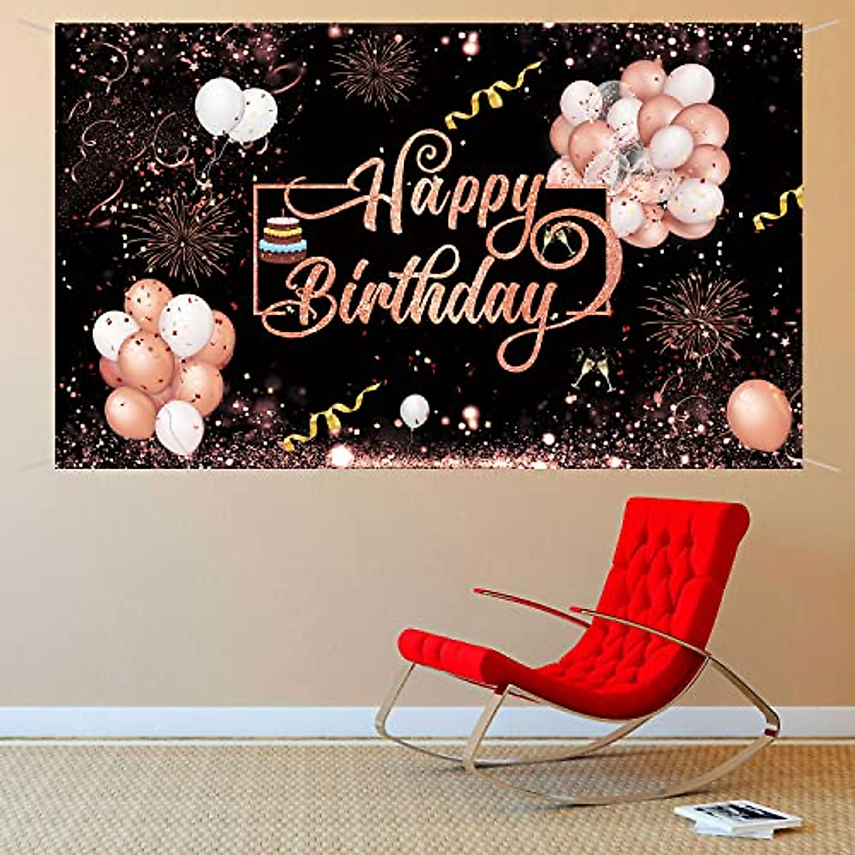 Rose Gold Happy Birthday Theme Fabric Sign Poster Banner Backdrop with Firework,Star,Balloons,Cakes Pattern for Brithday Photo Booth Background Party Decorations Supplies