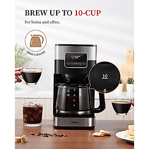 KIDISLE Programmable Drip Coffee Maker with Regular & Strong Brew, Warming Plate, 10 Cup Small Coffee Machine with Touch Screen, Glass Carafe and Reusable Filter for Home and Office, Stainless Steel