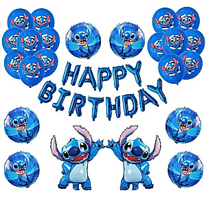 36PCS Lilo and Stitch Balloons, Stitch Happy Birthday Balloons Aluminum Foil Letters Banner Balloons Decoration, Children's Birthday Party Supplies