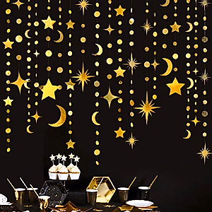 Gold Star Moon Circle Dot Garland Party Decorations Kit Hanging Crescent and Twinkle Little Star Streamer Bunting Banner for Kids Room First Birthday Ramadan EID Mubarak Baby Shower Wedding Engagement