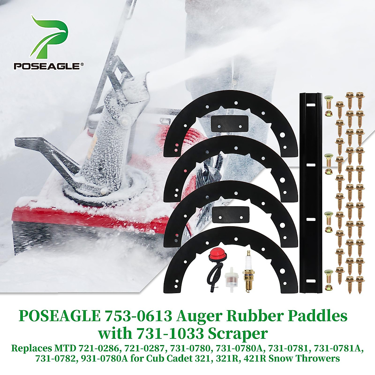 POSEAGLE 753-0613 Auger Rubber Spiral Kit with 731-1033 Sheave Plate MTD Replaces MTD 753-0613, MTD 753 0613, 731-0781a, 731-0780a for Cub Cadet 321, 410, 421, 521, SB-300, SB-350, SB-400 Snow Blowers