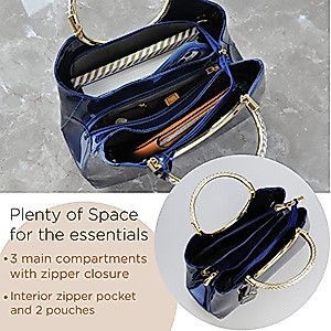HOXIS Charm Glossy Metal Grip Structured Shoulder Handbag Top Handle Patent Leather Handbags for Women (Navy)