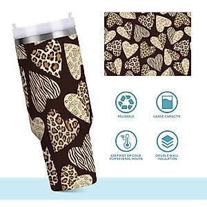 MCHIVER Hearts Animal Skin 40 oz Tumbler with Handle and Straw Stainless Steel Vacuum Water Bottle Leak-proof Travel Coffee Mug Insulated Tumbler for Home Car Office