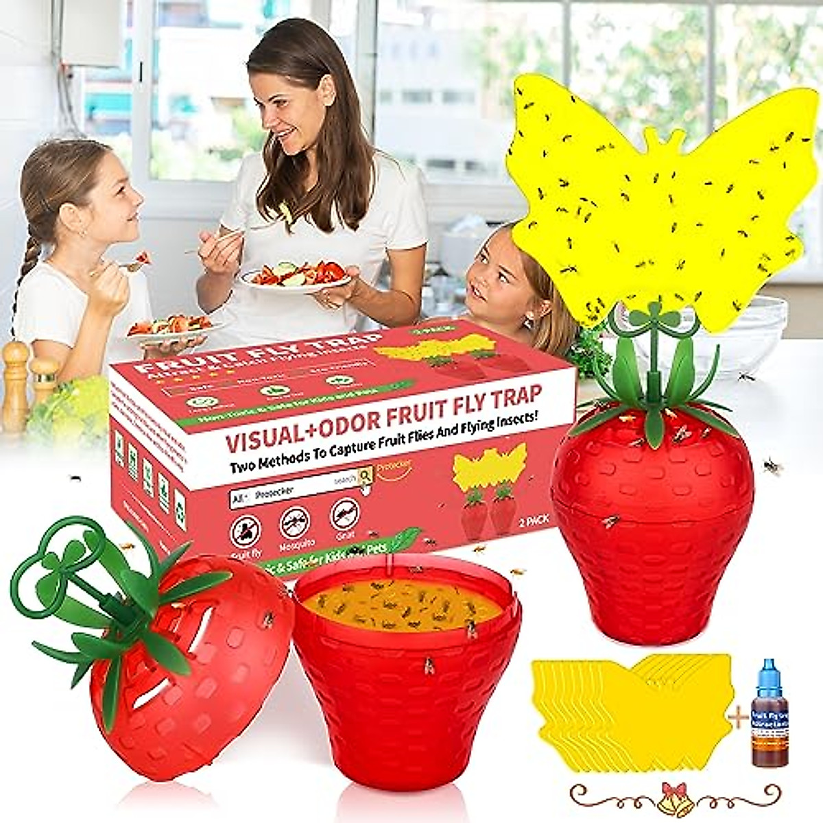 Fruit Fly Traps for Indoors,Effective Fruit Fly Killer Catcher Gnat Trap with Yellow Sticky Pads,Reusable Odorless Gnat Killer Fruit Fly Trap Comes with Fruit Fly Attractant for Home Kitchen (2 Pack)