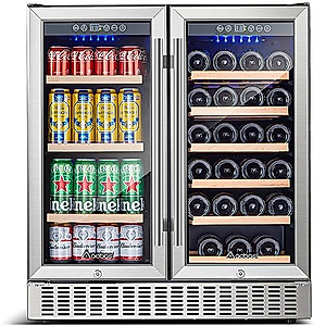 AAOBOSI Wine and Beverage Refrigerator,30 Inch Dual Zone Wine Cooler Built-in or Freestanding-Hold 28 Bottles and 80 Cans Wine Beverage Fridge with Soft LED Light,2 Safety Locks,Stainless Steel