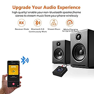 1Mii Bluetooth 5.0 Audio Receiver, Wireless Audio Adapter for Home Stereo Music Streaming System with 3.5 mm RCA, Bass Mode, 12hrs Playtime(Upgraded)