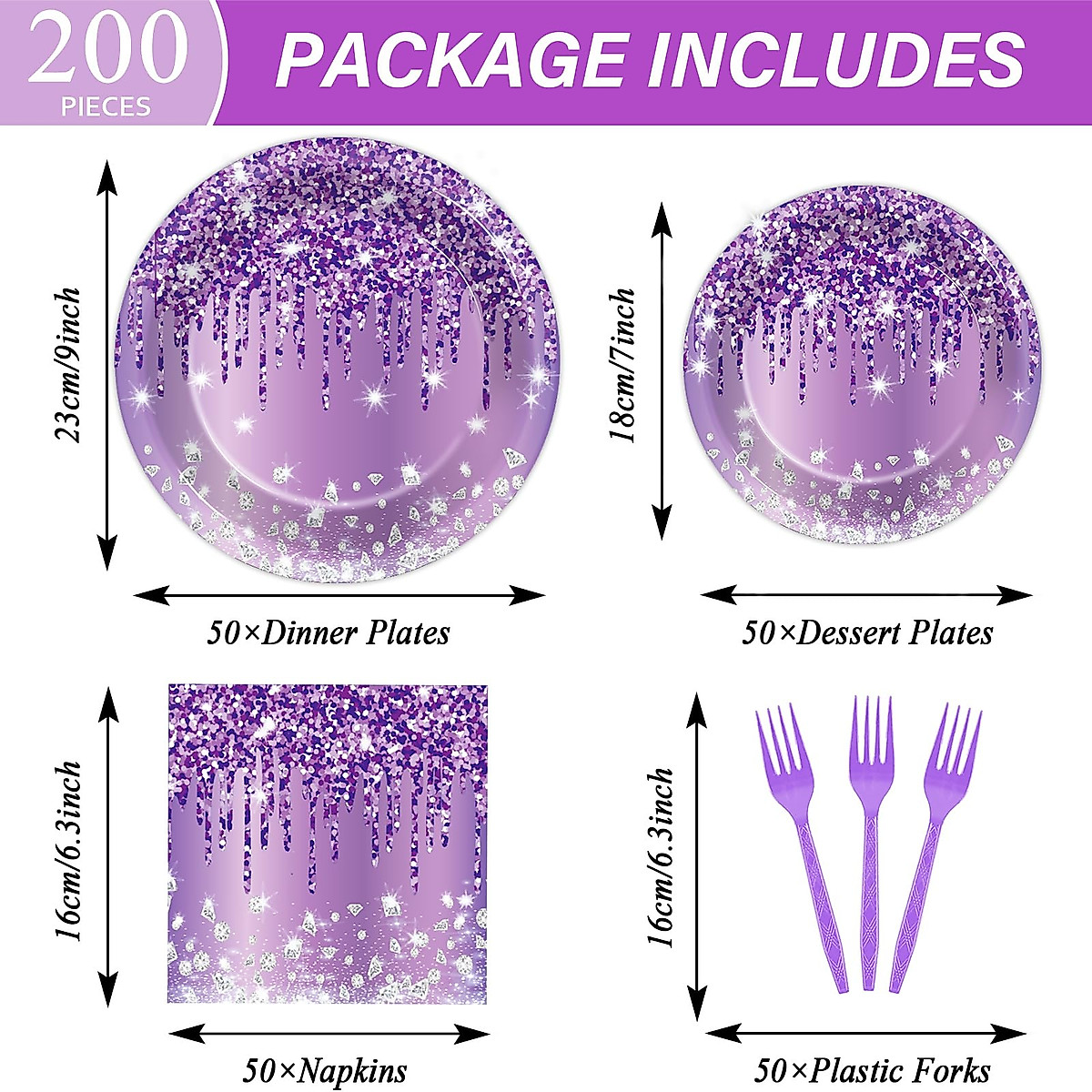 200PCS Purple Birthday Party Plates and Napkins Purple And Silver Birthday Party Decorations Purple Silver Party Tableware Set Serves 50 Guests Girls Ladies Women Wedding Birthday Party Favors