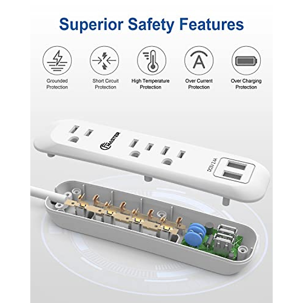 USB Power Strip Surge Protector Long Extension Cord 6 feet, 3 Outlets, 2 USB Ports (2.4A/12W), Overload Protection, Mountable Power Strip for Home Office, 1250W/10A, SGS Listed, White