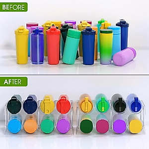 DWWFCC Large Water Bottle Organizer for Cabinet w 8 Hooks - Stackable Clear Bottle Storage Organizer, Acrylic Plastic Tumbler Travel Mug Cup Organizer Holder Wine Rack for Countertop-2oz to 32oz