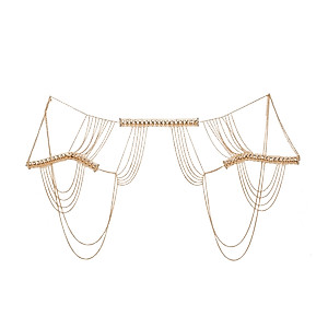 Beauty7 Body Chain Harness Link Necklace Gold Shoulder Chain Collar Dangling Tassels for Bridal Women Prom Party Wedding Dress Accessory Fashion Multilayer Jewelry