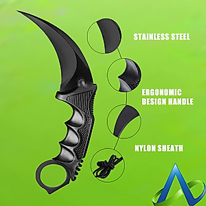 AOMINGGE Karambit Knife 2 Pieces Fixed Blade Stainless Steel Outdoor Hunting Knife with Sheath and Cord, Suitable for Hiking, Adventure, Survival and Collection (Black)