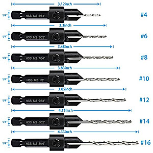 7 Pack Countersink Drill Bits Set, Wood Drill Countersink Counterbore 3in1, Three 82-Degree Chamfer Cutters, M2 Counterbore Cutting Depth Adjustable, with 2 Allen Wrenches and 1/4” Hex Shank