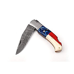 SharpEdge 8.25" Texas Flag Custom Handmade Damascus Steel Blade Pattern Welded Camping and Hunting Pocket Folding Survival Knife with a Genuine Leather Sheath | SW-716 |