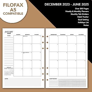 2024/25 A5 Calendar Planner Inserts - 8 1/4 x 5 5/8 (21cm x 14.2cm) - Ivory Color - Thick Monthly & Weekly Calendar Refill for A5 6-Ring Binder Planner, Compatible with Filofax, to June 2025