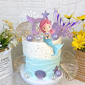 DRWATE Mermaid Cake Toppers with 3D Mermaid Shell Starfish Fishtail Balls for Kids Girls Birthday Party Baby Shower Supplies (Style1)