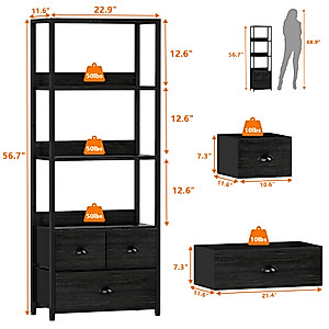 Furnulem Bookshelf with 3 Fabric Drawers and 4-Tier Shelves, 59" Tall Bookcase Storage Rack, Freestanding Shelf Organizer Unit for Office,Living Room,Kitchen,Bedroom(Black Oak)