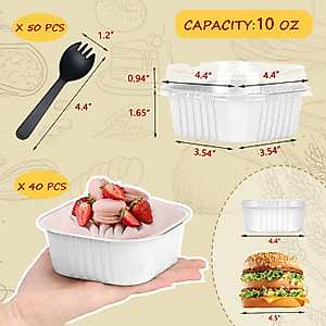 10oz Disposable Ramekins With Lids 40 Pack,LNYZQUS Aluminum Foil Jumbo Cupcake Pan, Square 4”X4” Mini Cake Pan Browni Baking Cups Muffin Tin Dessert Cups For Wedding Party-White