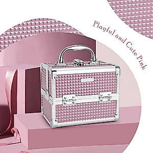 Joligrace Makeup Train Case Portable Cosmetic Box Jewelry Organizer Lockable with Keys and Mirror 2-Tier Trays for Makeup Artists Craft Nail Kits Sewing Box Traveling Makeup Storage Case Pink