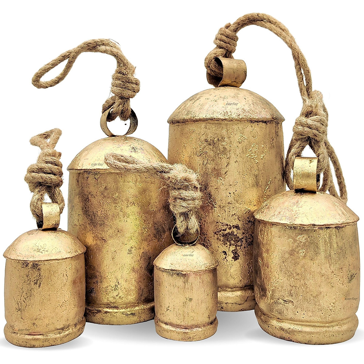 Carfar Set of 5 Rustic Style Bells Handmade Large Metal Harmony Christmas Hanging Cow Bells Complete Set on Jute Rope