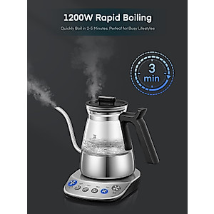 Aiheal Electric Gooseneck Kettle, Glass Electric Tea Kettle with 4 Temperature Control Presets and Keep Warm Function, Pour Over Kettle for Coffee and Tea, Hot Water Boiler, Quick Heating, 1200W/0.8L